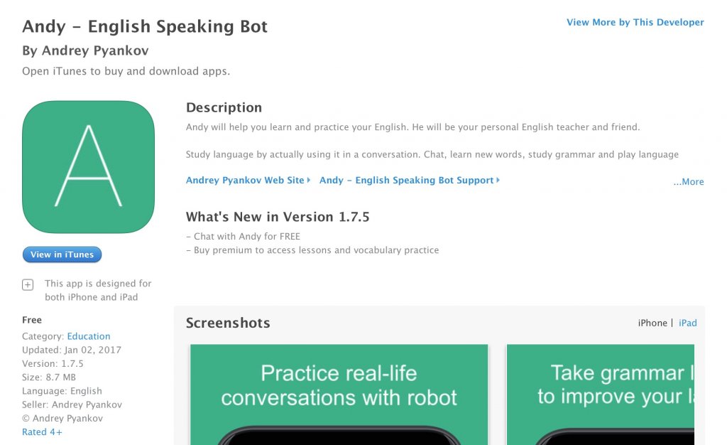 Andy - English Speaking Bot ปล่อยให้โหลดฟรี ฝึกแชทอังกฤษกับแอนดี้